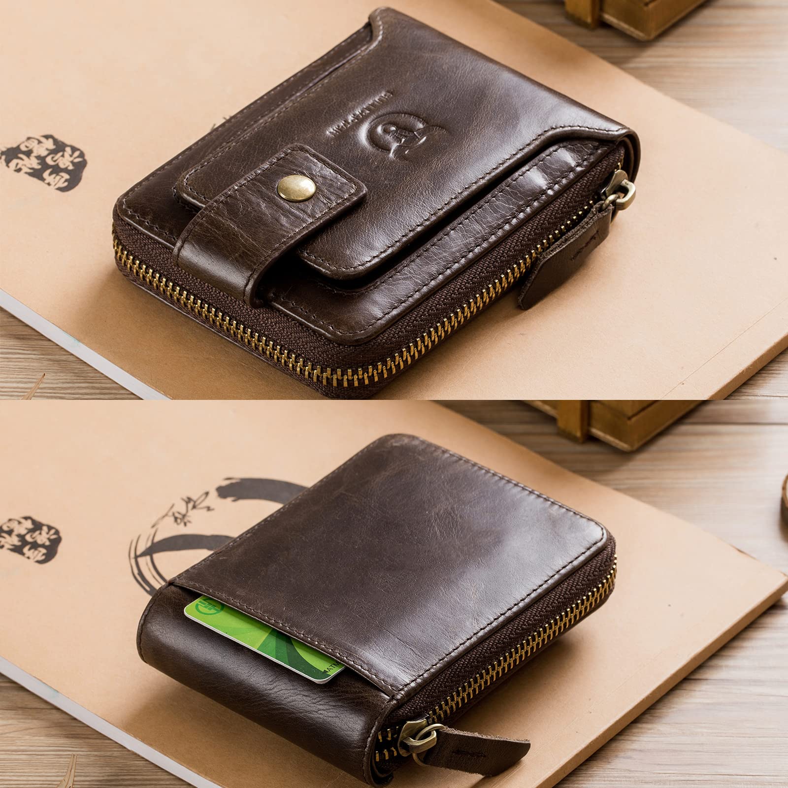 LUKZIJAES Genuine Leather Wallet for Men RFID Blocking Large Capacity Card Case with Zipper ID Window Coin Pocket (#2-Coffee)