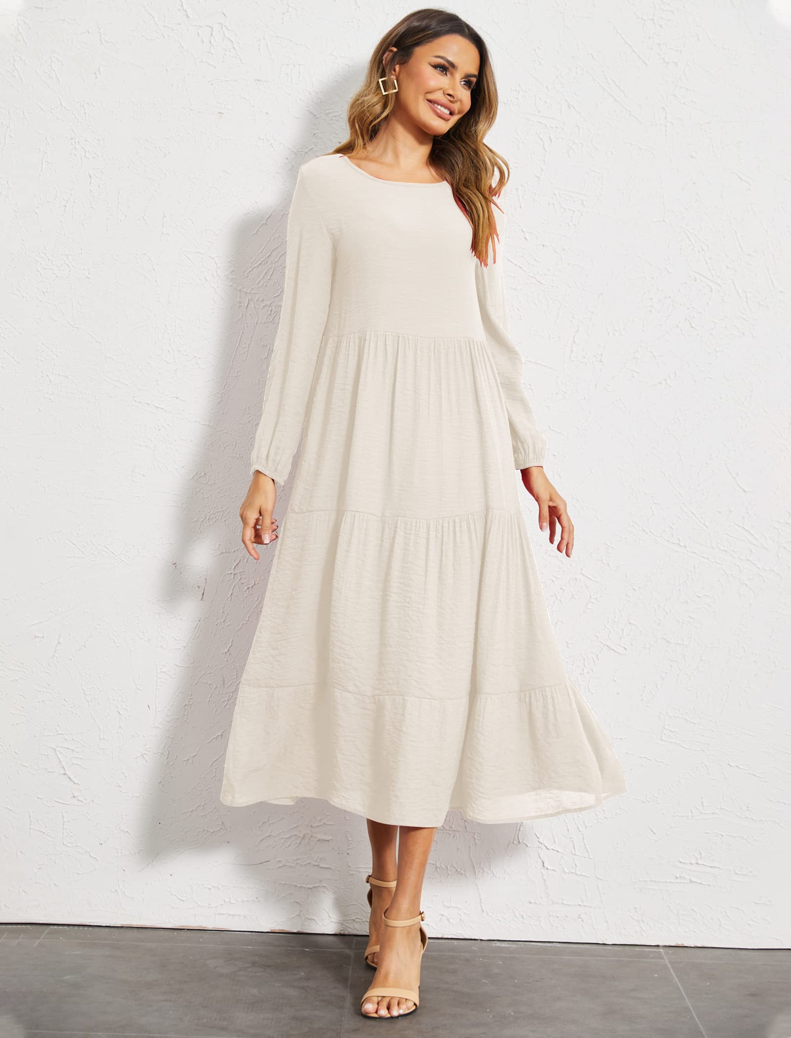 Halife Ladies Fall Dress Long Sleeve Ruffle A-line Flowy Maxi Dresses with Pockets Beige S