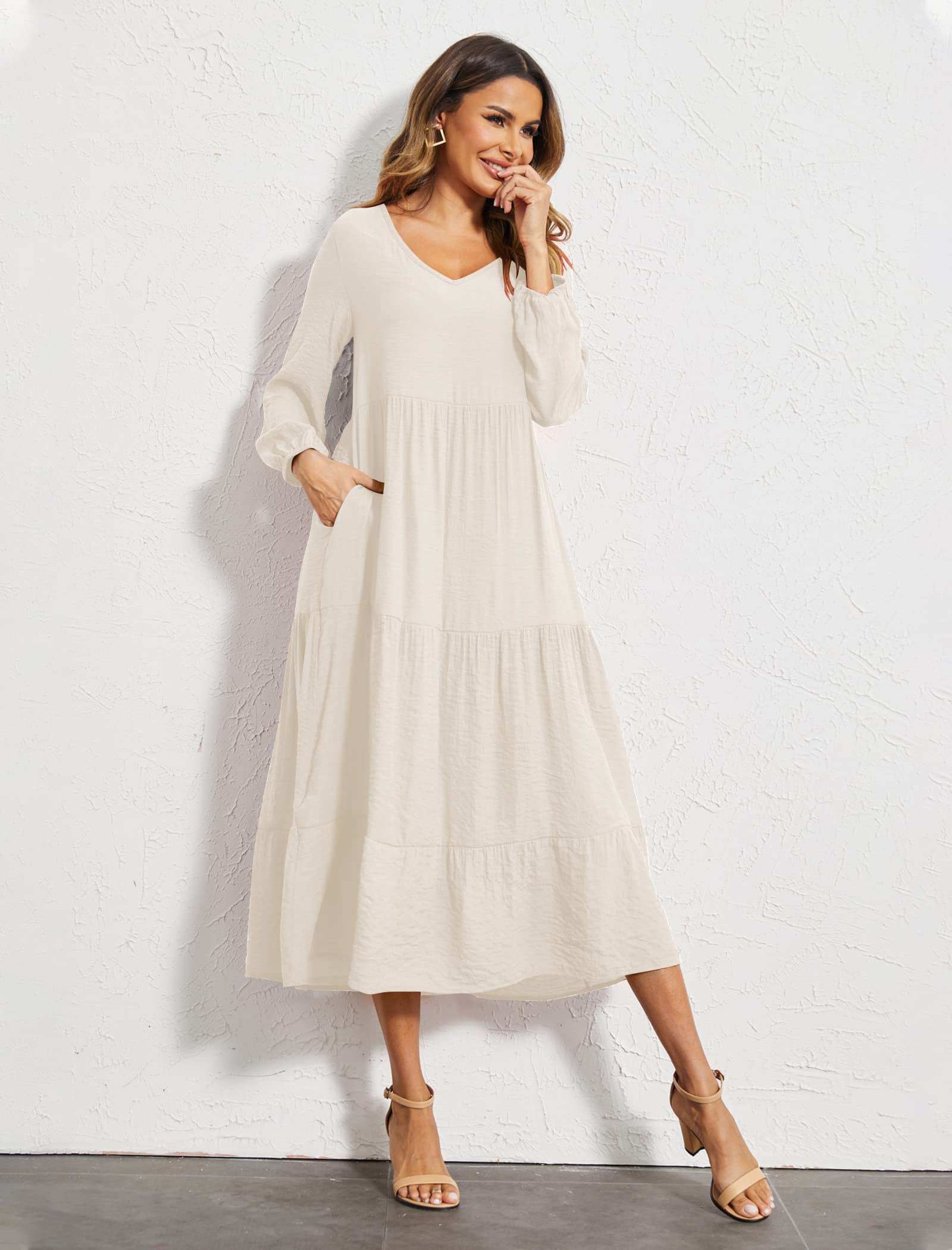 Halife Ladies Fall Dress Long Sleeve Ruffle A-line Flowy Maxi Dresses with Pockets Beige S
