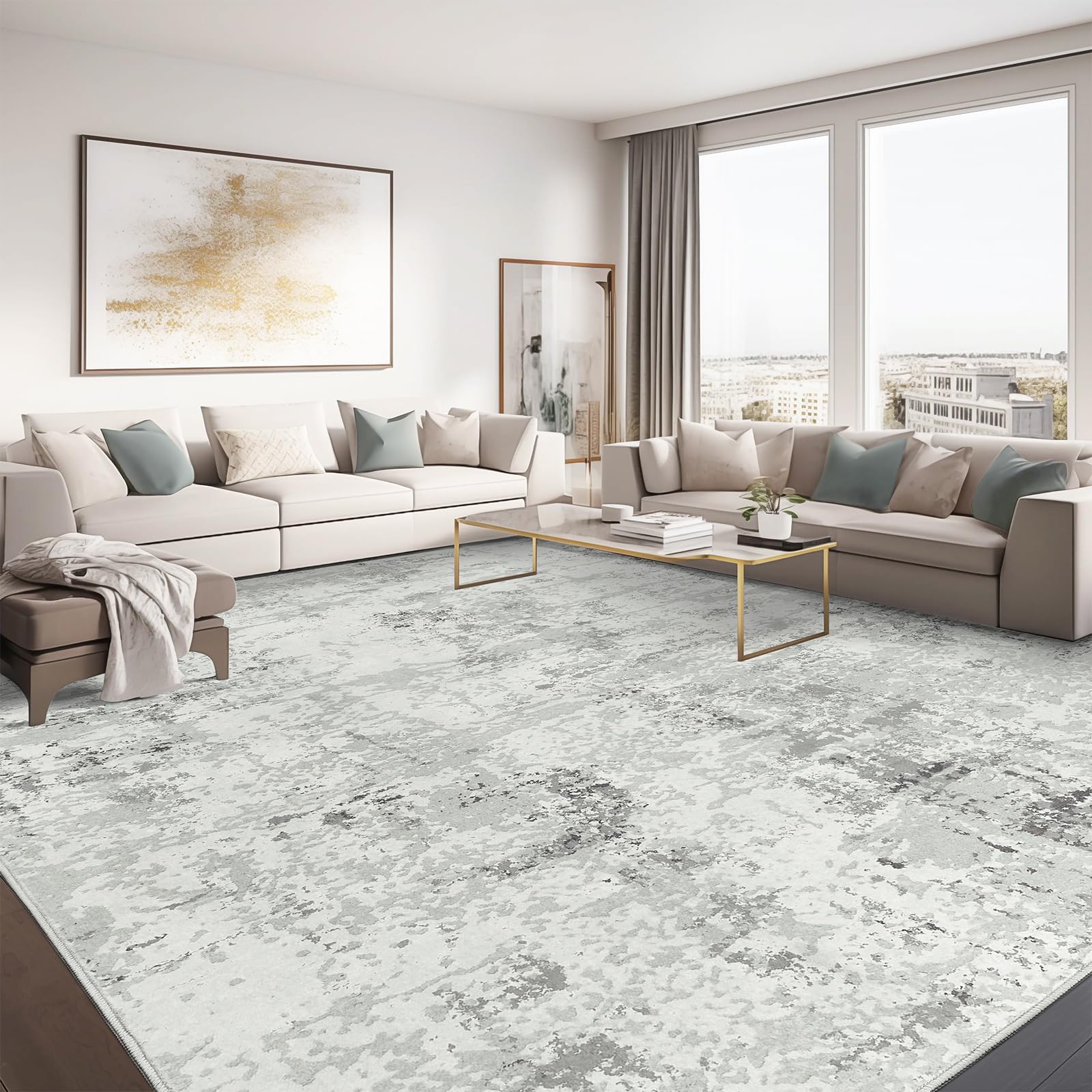 Art&Tuft Washable Rug, Anti-Slip Backing Abstract 8x10 Area Rugs, Stain Resistant Rugs for Living Room, Foldable Machine Washable Area Rug 8x10, Grey