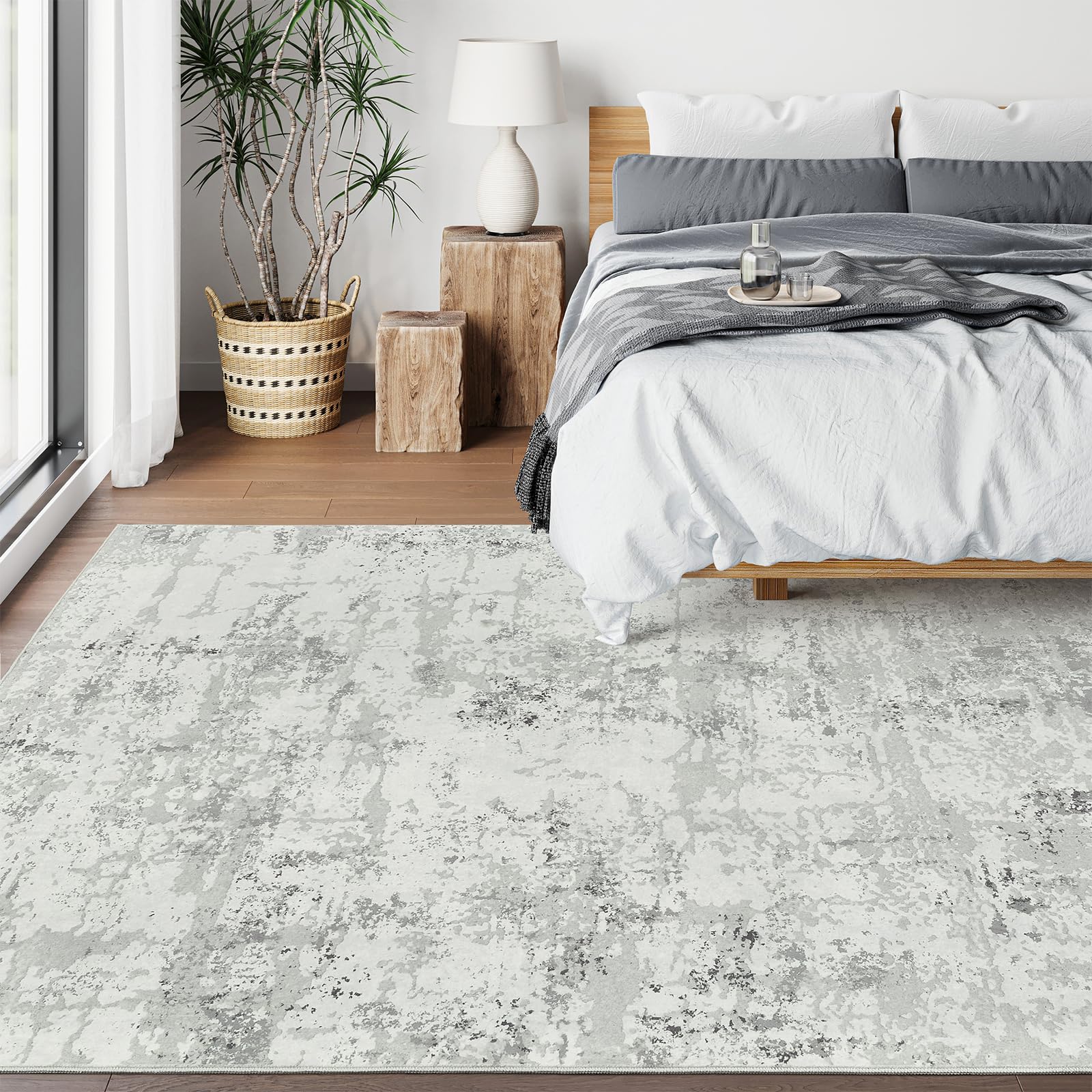 Art&Tuft Washable Rug, Anti-Slip Backing Abstract 8x10 Area Rugs, Stain Resistant Rugs for Living Room, Foldable Machine Washable Area Rug 8x10, Grey
