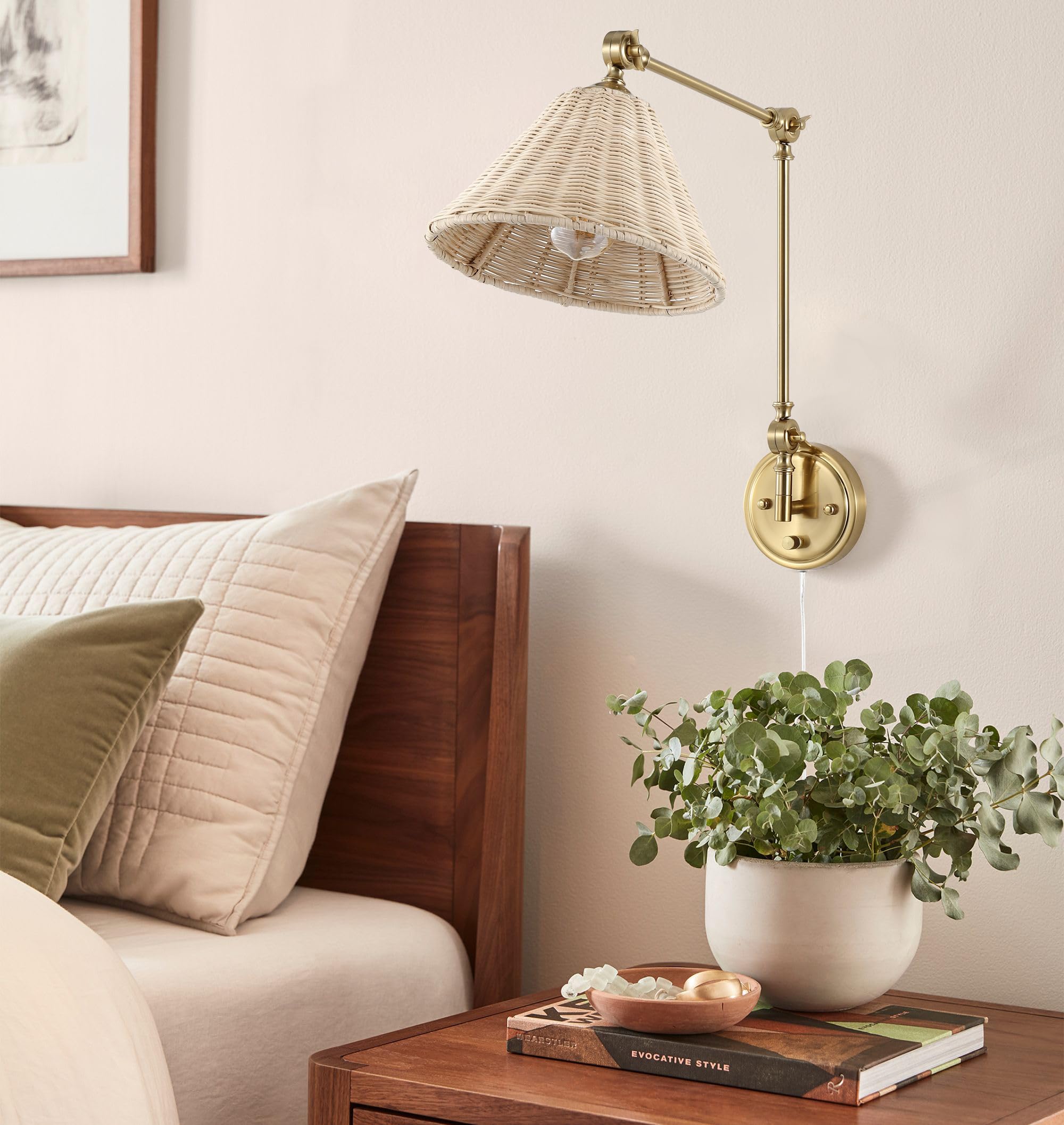 WINGBO Wall Sconce Rattan Wrapped Wall Lamp, Adjustable Swing Arm Wall Light Gold Vintage Bedside Light Fixture Wicker Handmade Shade Brass Reading Light Plug in or Hardwire (2 Pack)