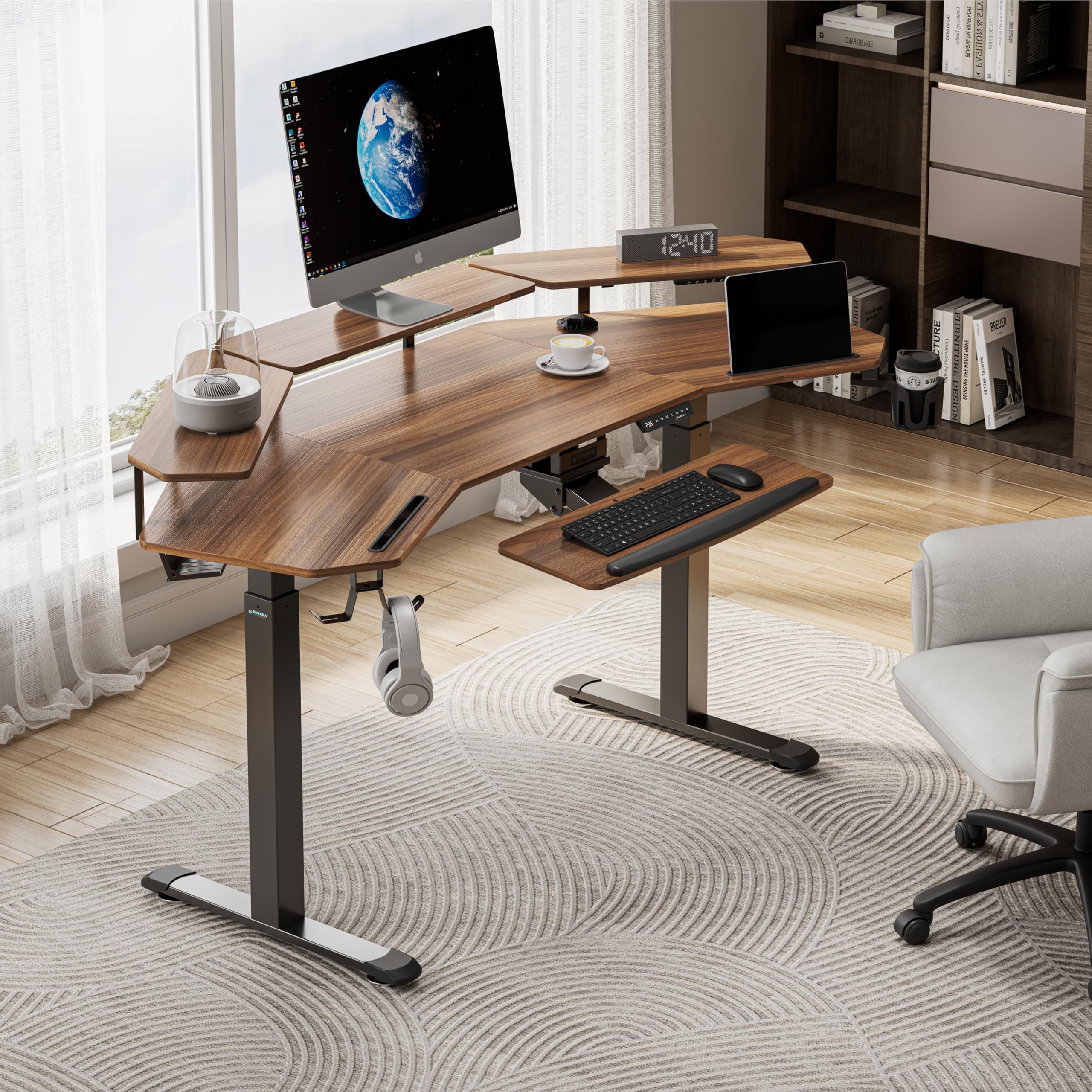 EUREKA ERGONOMIC Standing Desk Adjustable Height, Computer Desk w Keyboard Tray 72" Gaming Music Studio Desk LED Monitor Stand,Dual Motor,Slot Design,Walnut