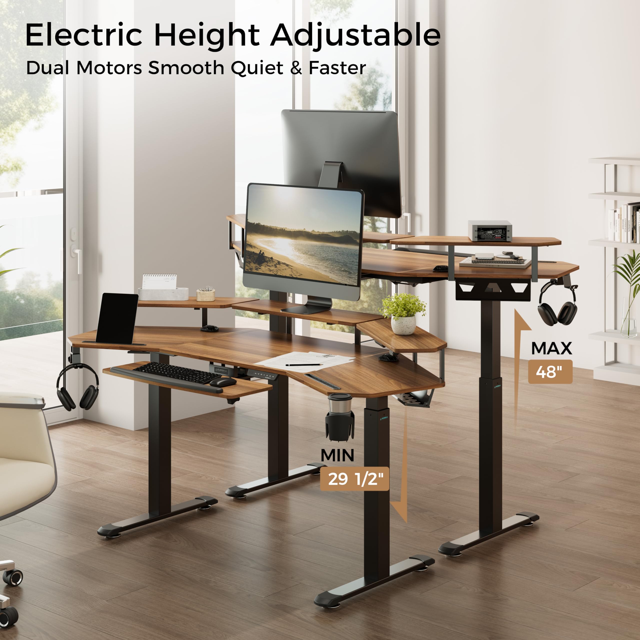 EUREKA ERGONOMIC Standing Desk Adjustable Height, Computer Desk w Keyboard Tray 72" Gaming Music Studio Desk LED Monitor Stand,Dual Motor,Slot Design,Walnut