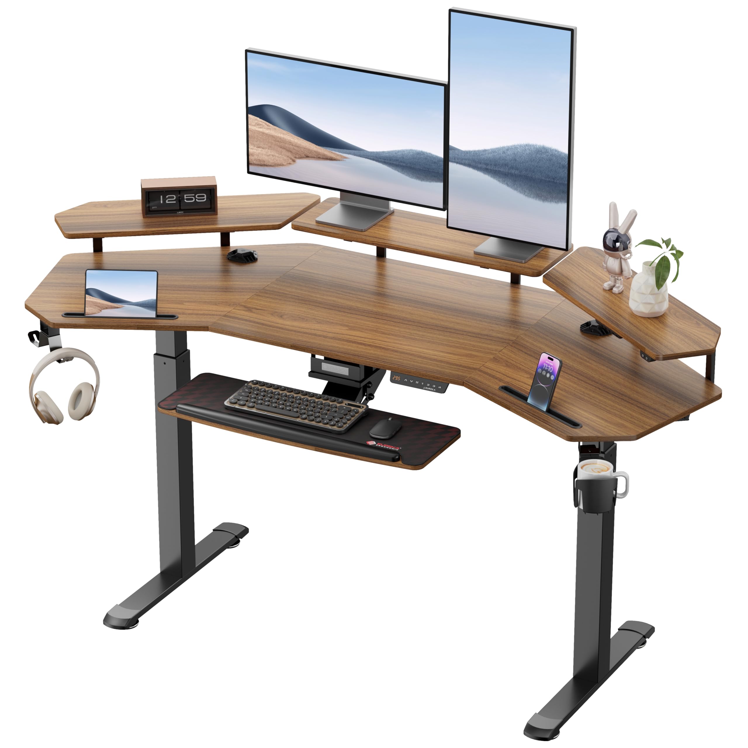 EUREKA ERGONOMIC Standing Desk Adjustable Height, Computer Desk w Keyboard Tray 72" Gaming Music Studio Desk LED Monitor Stand,Dual Motor,Slot Design,Walnut