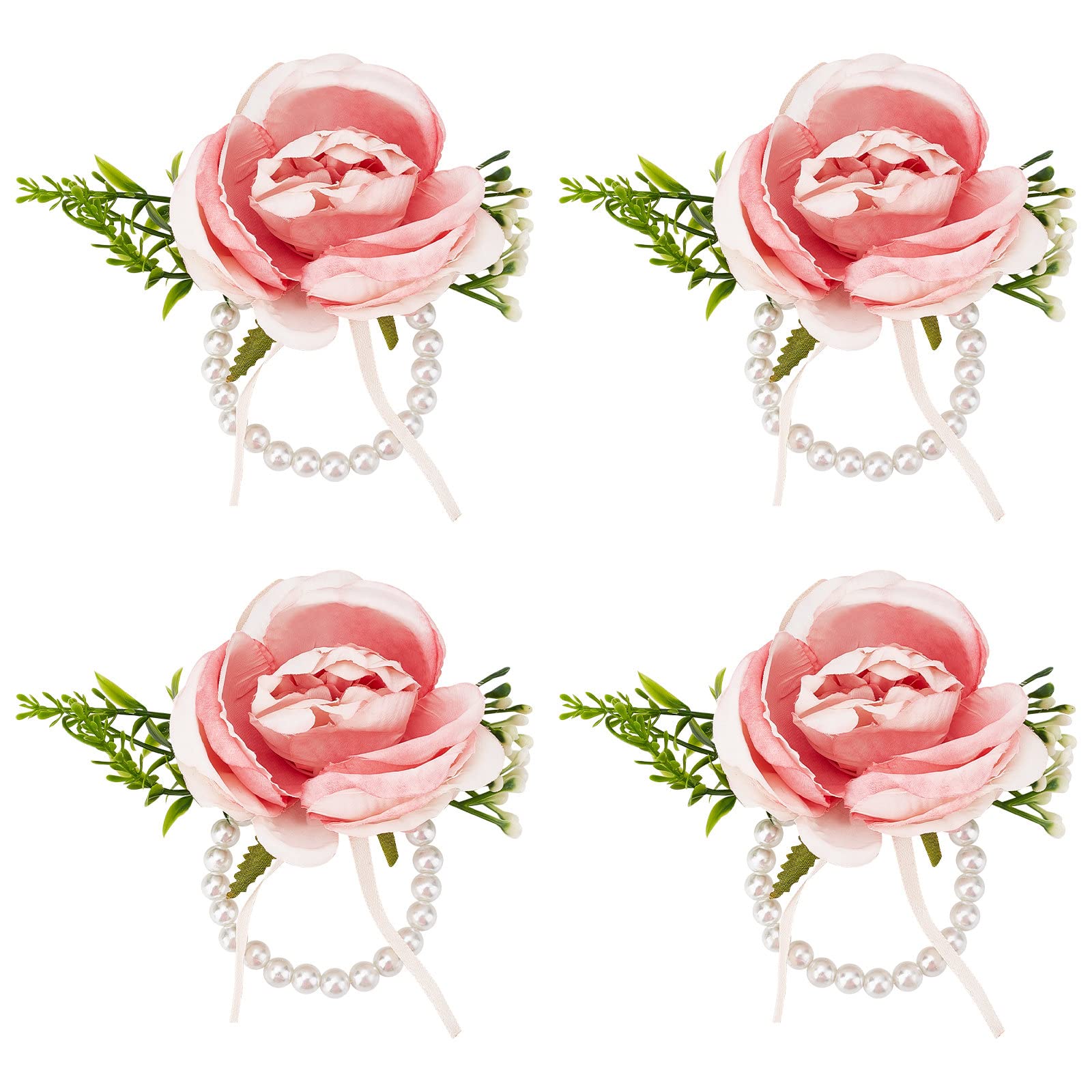 CRASPIRE 4pcs Wedding Wrist Corsage Pink Rose Corsage Wristlet Women Bride Bridesmaid Pearl Hand Flower Wristlet Band Bracelet for Wedding Party Prom Suit Festival Engagement Decorations