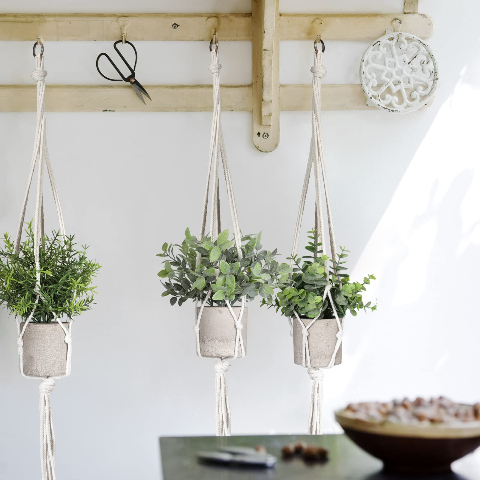 Artificial Plants 3 Pack Mini Fake Plants Fake Hanging Plants Artificial Decor with 3 Macrame Plant Hangers Decorative Plants Faux Hanging Plants Greenery Decor for Wall Kitchen Bathroom Home Office