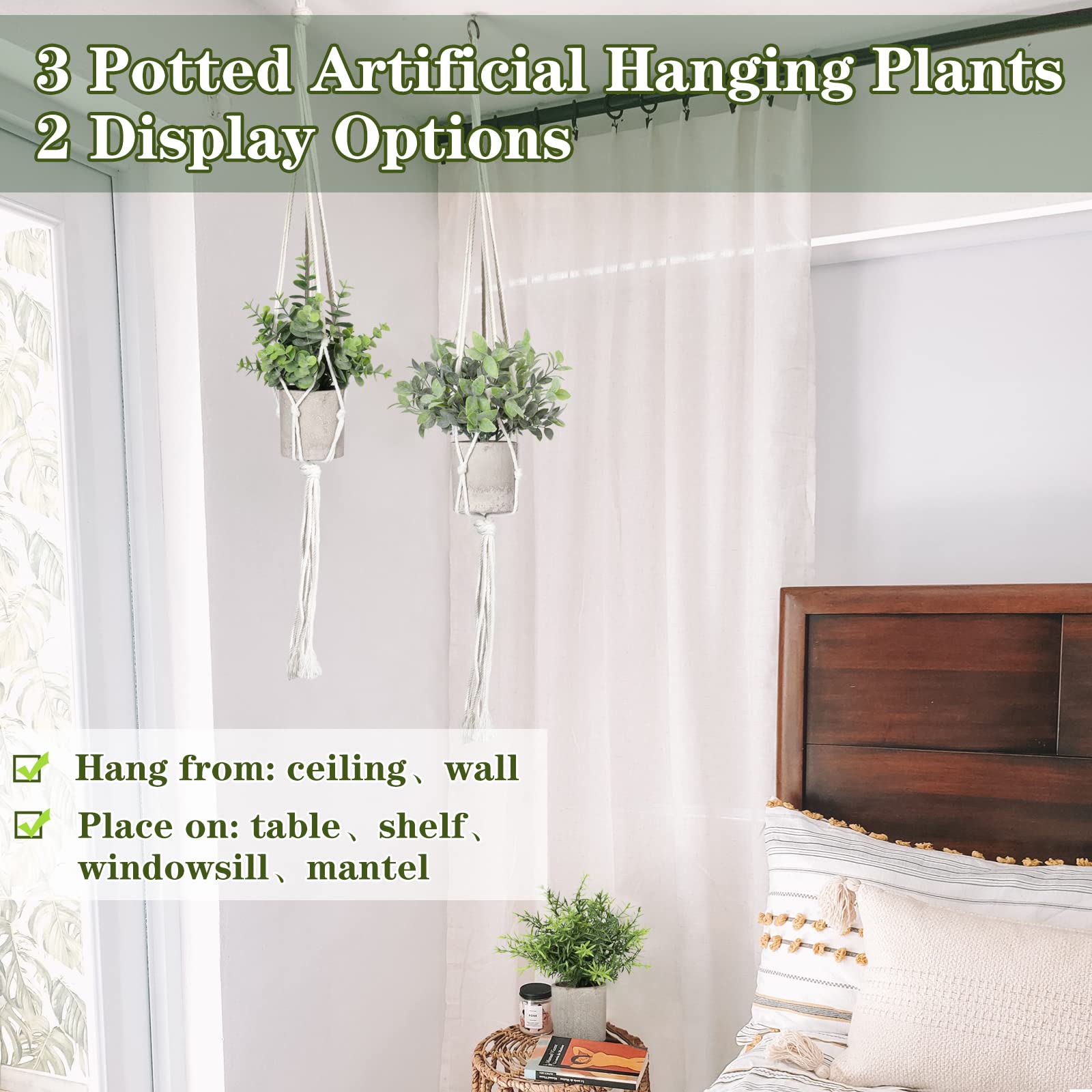 Artificial Plants 3 Pack Mini Fake Plants Fake Hanging Plants Artificial Decor with 3 Macrame Plant Hangers Decorative Plants Faux Hanging Plants Greenery Decor for Wall Kitchen Bathroom Home Office