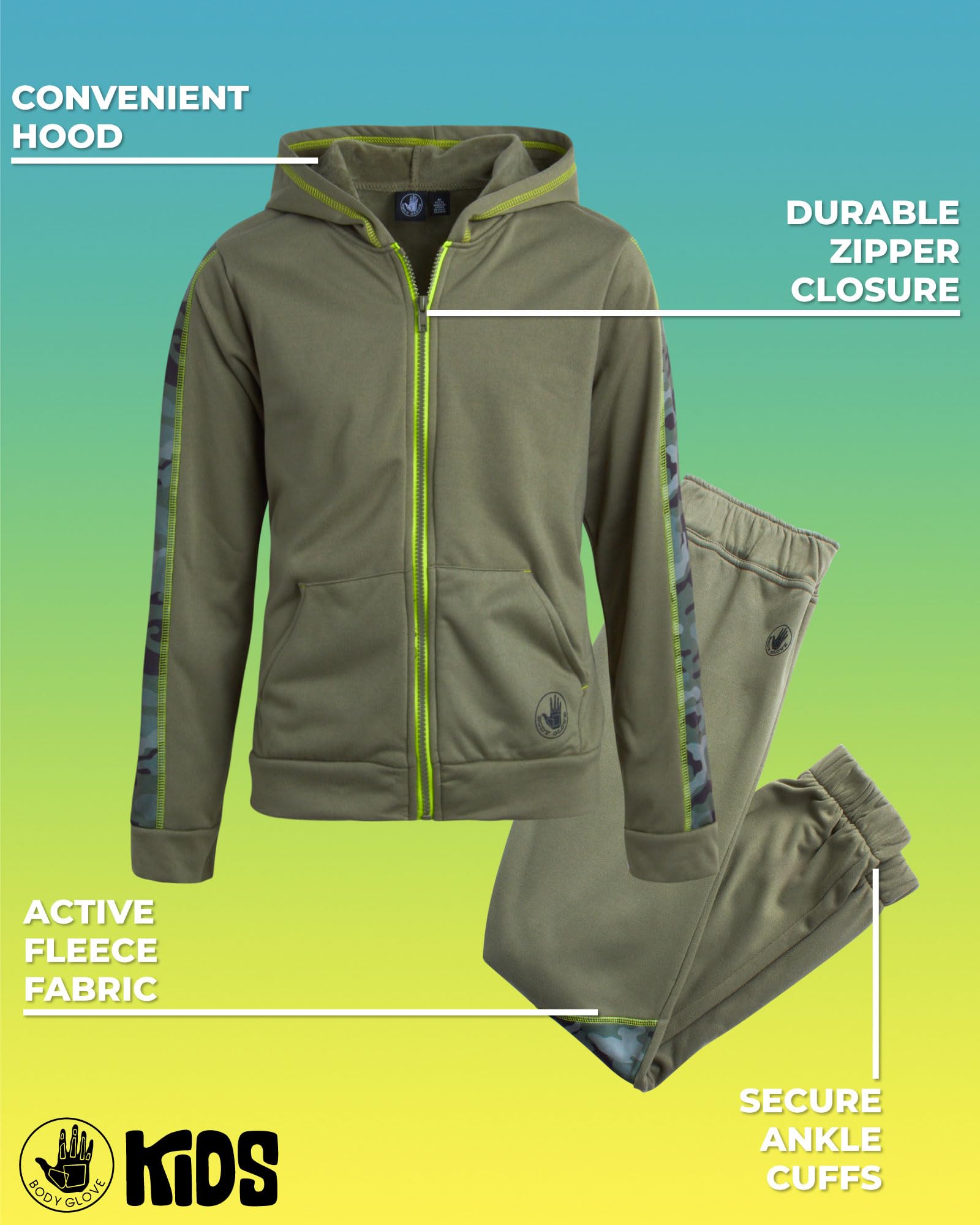 Body Glove Boys' Active Sweatsuit Set - 2 Piece Fleece Zip-Up Hoodie Sweatshirt and Jogger Sweatpants (8-14), Size 8, Green Yellow Camo