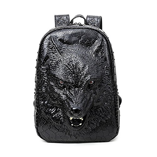 Unisex 3D Wolf PU Casual Backpack Personalized Laptop Backpack 15.6 Inch School Bag Daypack Rucksack College Backpack (Black)