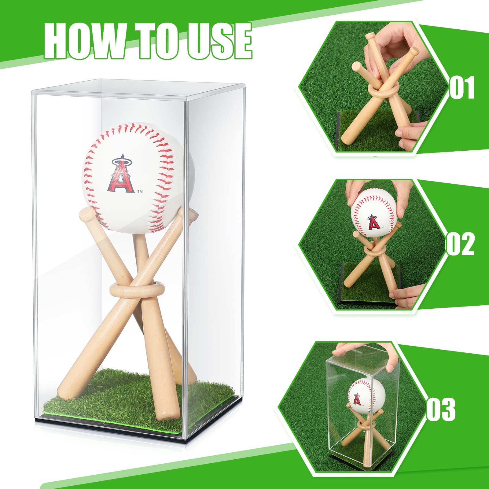 Mudder Baseball Display Case and Wood Stand Acrylic Baseball Holder Acrylic Box with Grass Pad for Ball Display Mini Wooden Bat Showcase Holders for Memorabilia Autograph Ball(1 Pack)