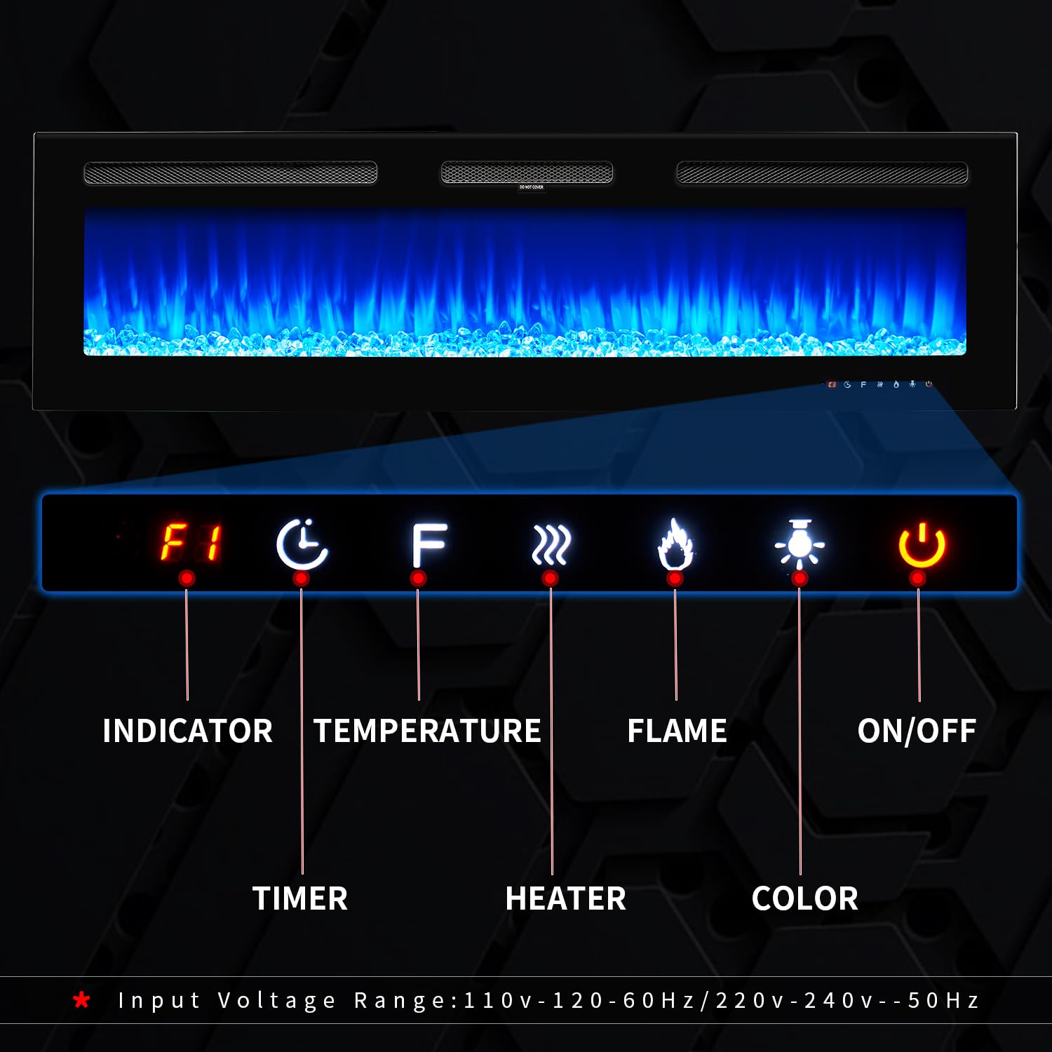 oneinmil Electric Fireplace, 60 inch Wide Recessed and Wall Mounted Electric Fireplace, 750W/1500W, 12 Color Flame, Remote Control, Log Set & Crystal