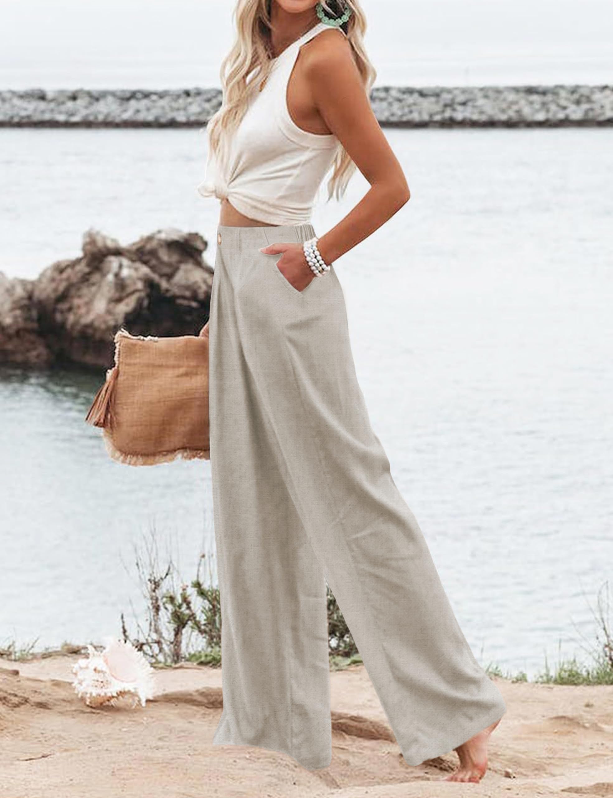 Hooever Womens Cotton Linen Pants Casual Button Up High Waisted Wide Leg Trousers(haki-XS) Khaki