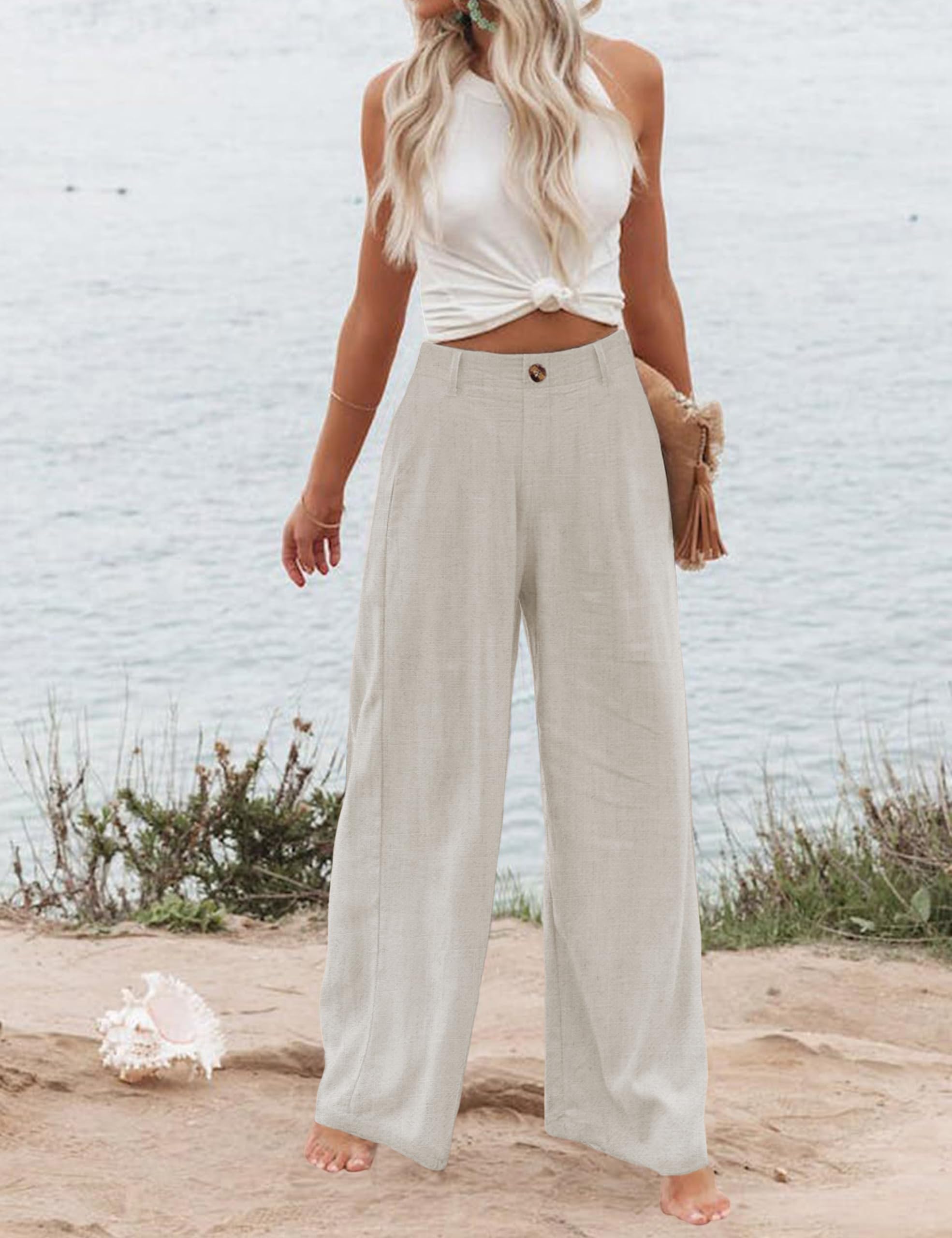 Hooever Womens Cotton Linen Pants Casual Button Up High Waisted Wide Leg Trousers(haki-XS) Khaki