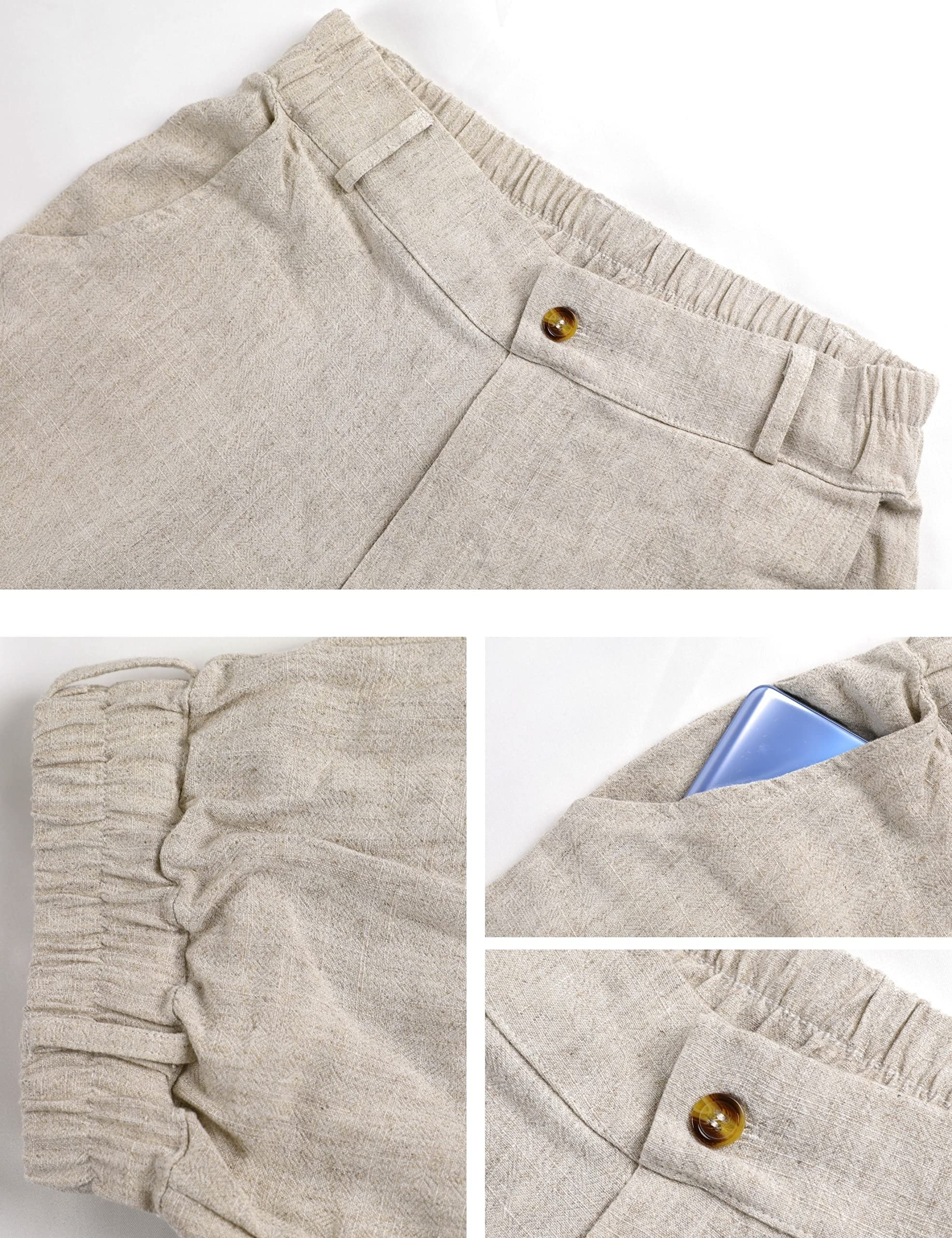 Hooever Womens Cotton Linen Pants Casual Button Up High Waisted Wide Leg Trousers(haki-XS) Khaki