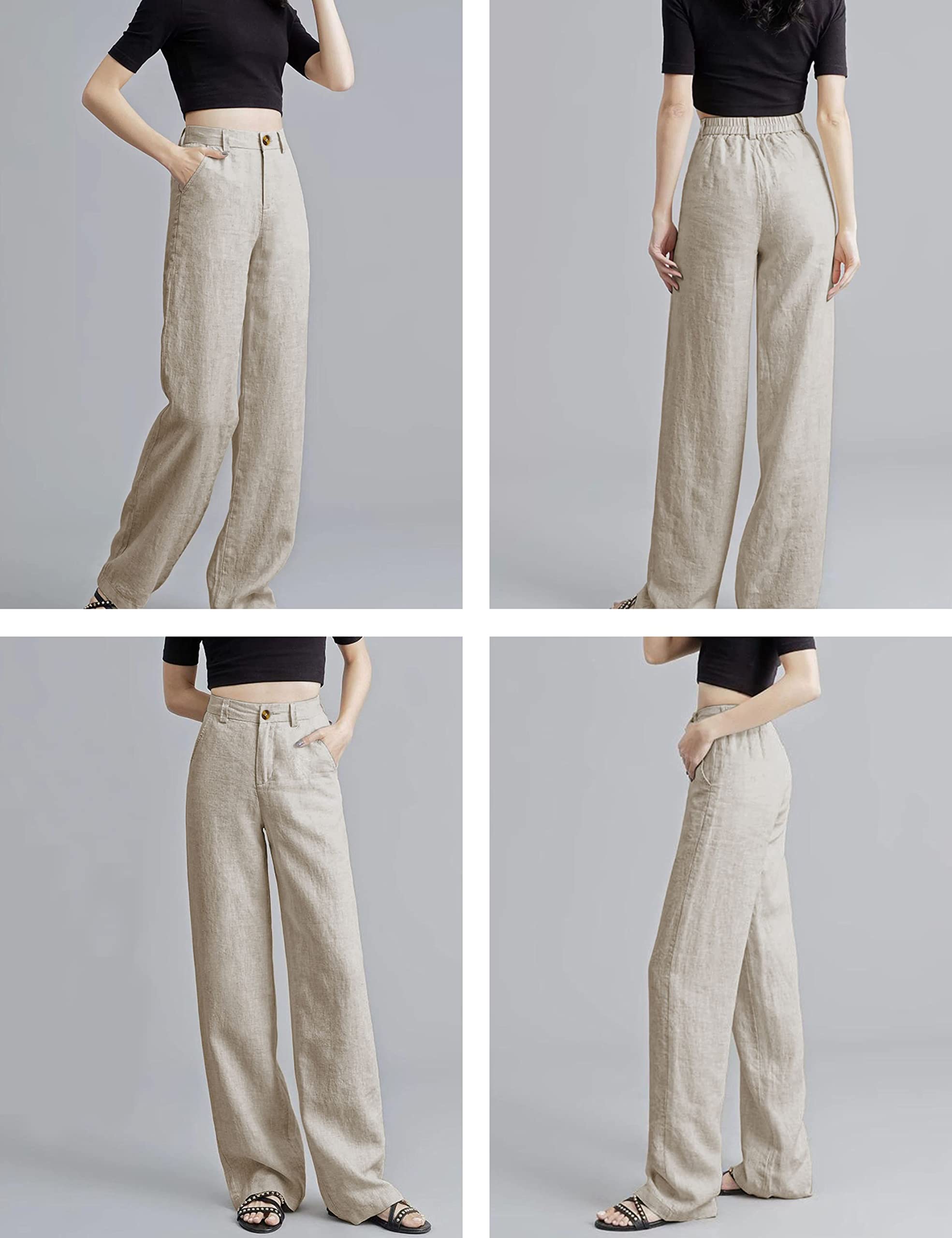 Hooever Womens Cotton Linen Pants Casual Button Up High Waisted Wide Leg Trousers(haki-XS) Khaki