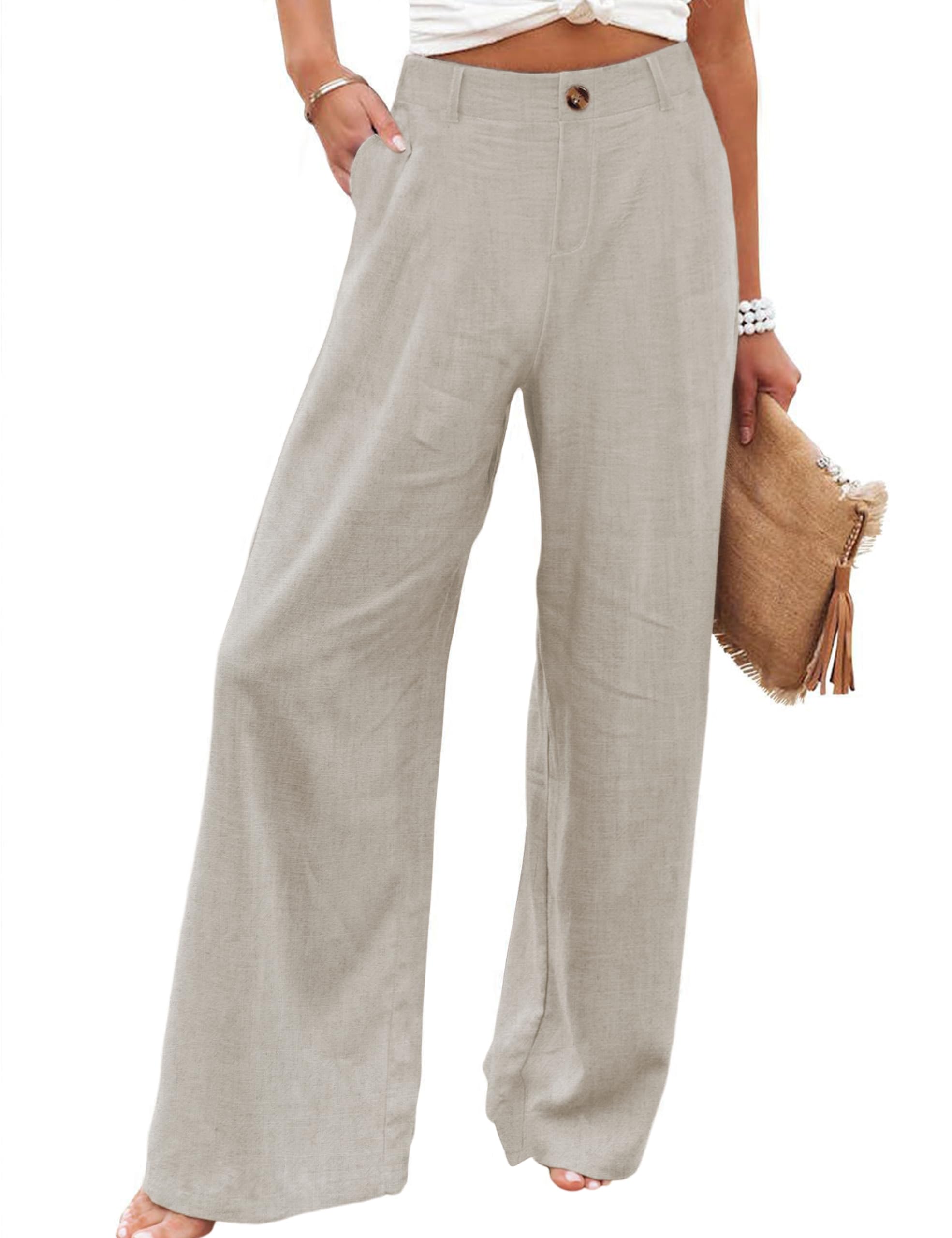 Hooever Womens Cotton Linen Pants Casual Button Up High Waisted Wide Leg Trousers(haki-XS) Khaki