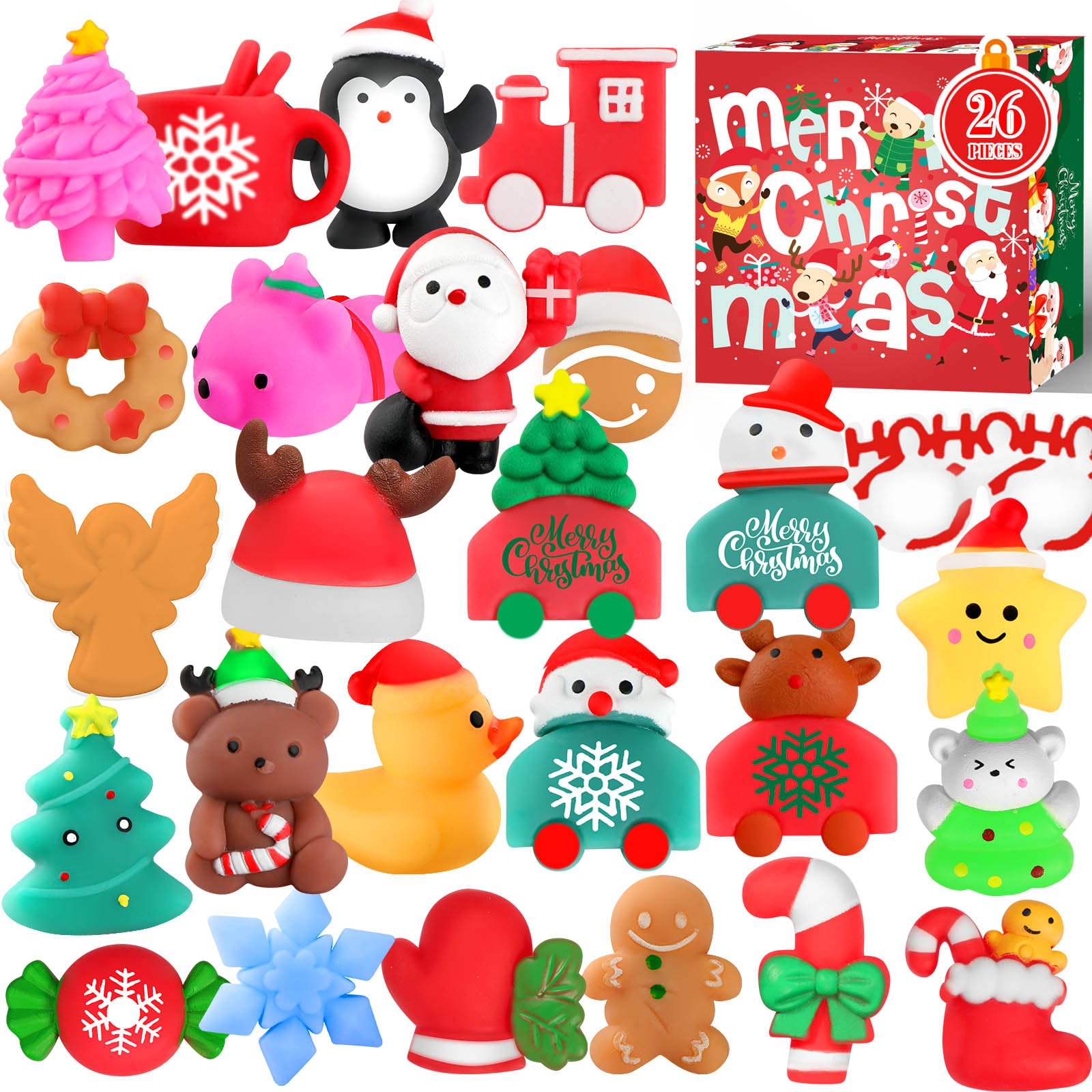 LIAM&AVA Christmas Squishy Toys, 26 PCS Mochi Squishies Bulk Toy for Girls Boys Kids, Christmas Party Favors, Fidget Sensory Goodie Bags Filler Gifts Decorations