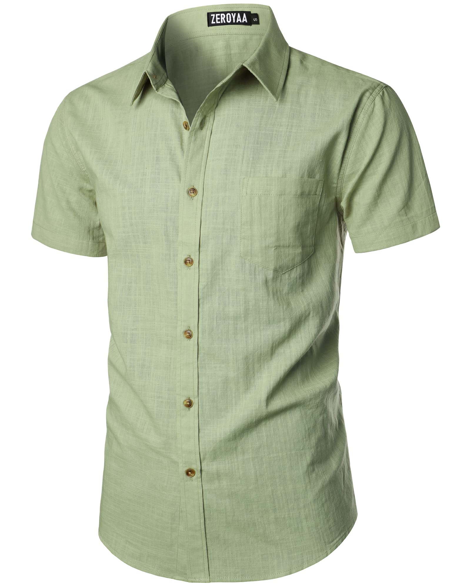 ZEROYAA Men's Fitted Cotton Linen Casual Short Sleeve Button Up Shirts Lightweight Beach Tops with Pocket ZLSC34-Bean Green Medium