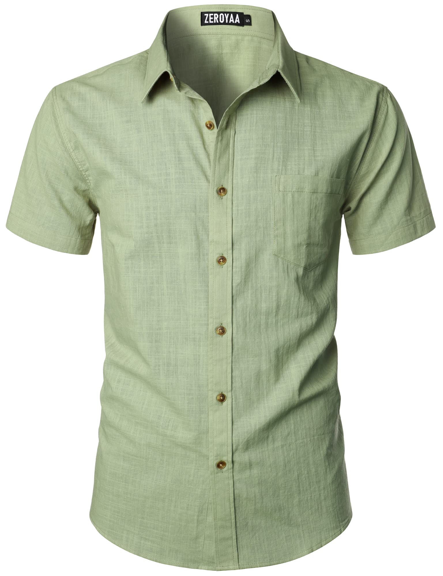 ZEROYAA Men's Fitted Cotton Linen Casual Short Sleeve Button Up Shirts Lightweight Beach Tops with Pocket ZLSC34-Bean Green Medium
