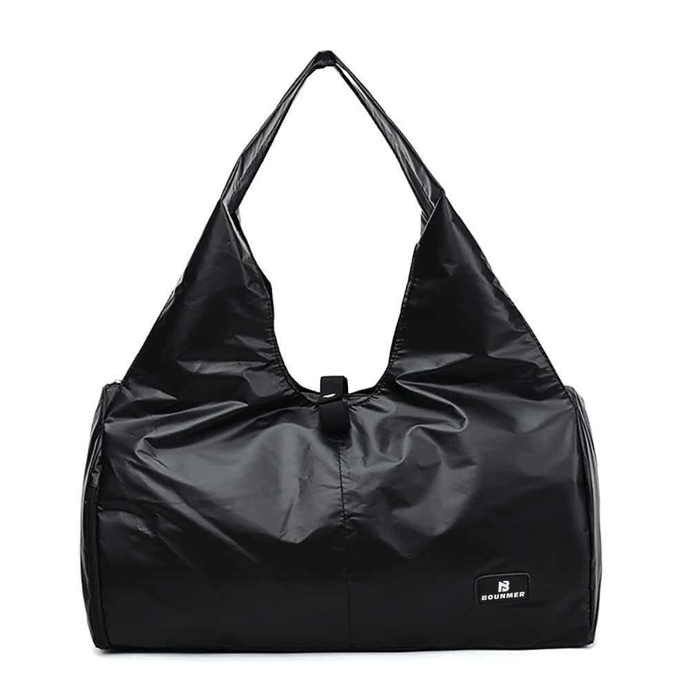 Bounmer Sports Gym Bag Travel Duffel Bag with Dry Wet Pocket and Shoes Compartment for Women, Large Waterproof Foldable Yoga Bag Weekend Bag for Beach Swim Pool Sports Gym (Black)