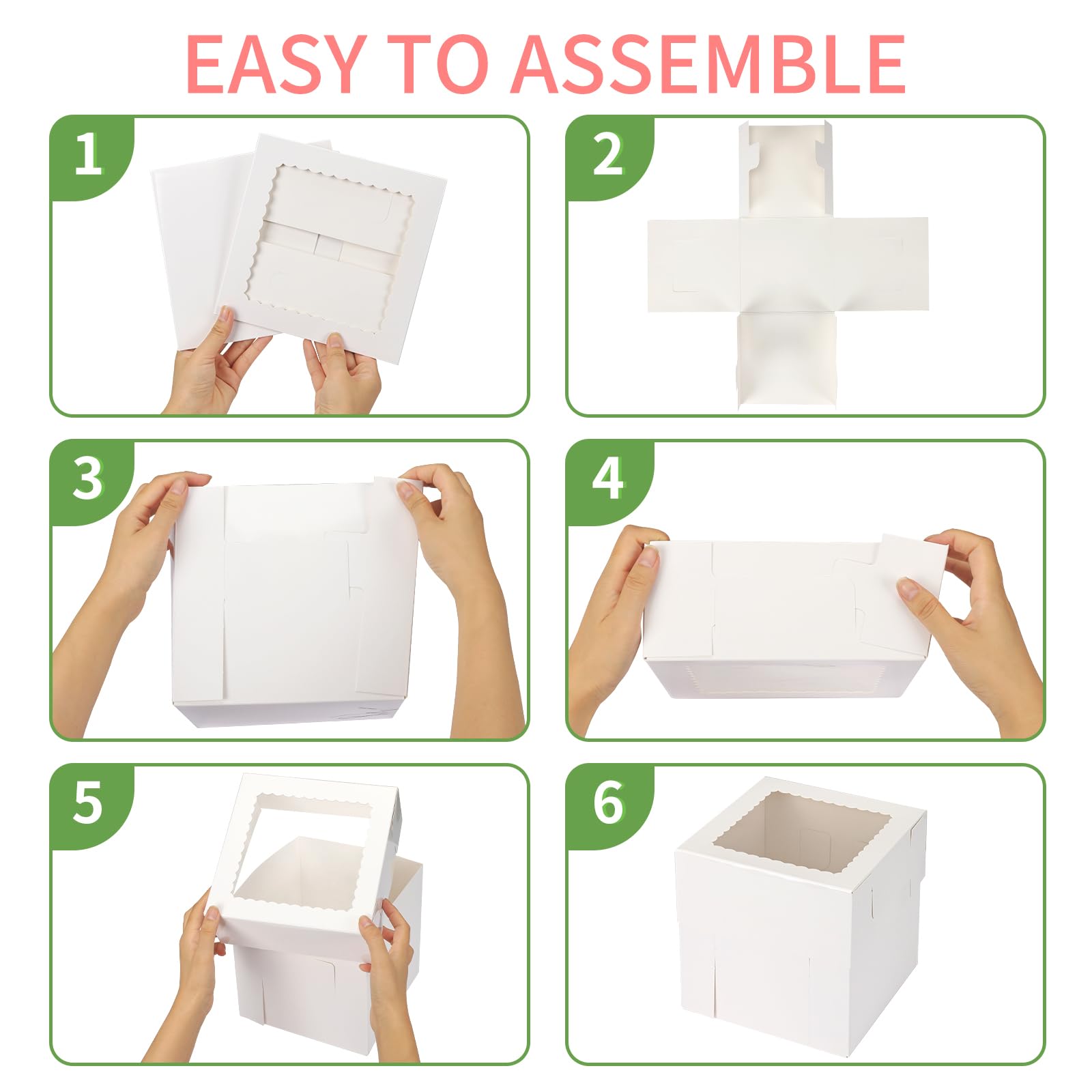 Moretoes 12 Pcs Cake Box, Tall Cake Boxes with Window in 3 Sizes 12x12x12 10x10x10 8x8x8 Inches, Bakery Boxes Disposable Carrier Take Out Container, 2 or 3 Tier for Valentine's Day Mother's Day