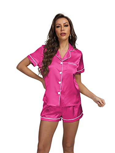 LYANER Women's Satin Pajamas Set Short Sleeve Button Shirt Silky Sleepwear with Shorts Set PJ Rose X-Small
