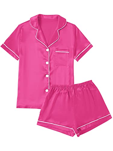 LYANER Women's Satin Pajamas Set Short Sleeve Button Shirt Silky Sleepwear with Shorts Set PJ Rose X-Small