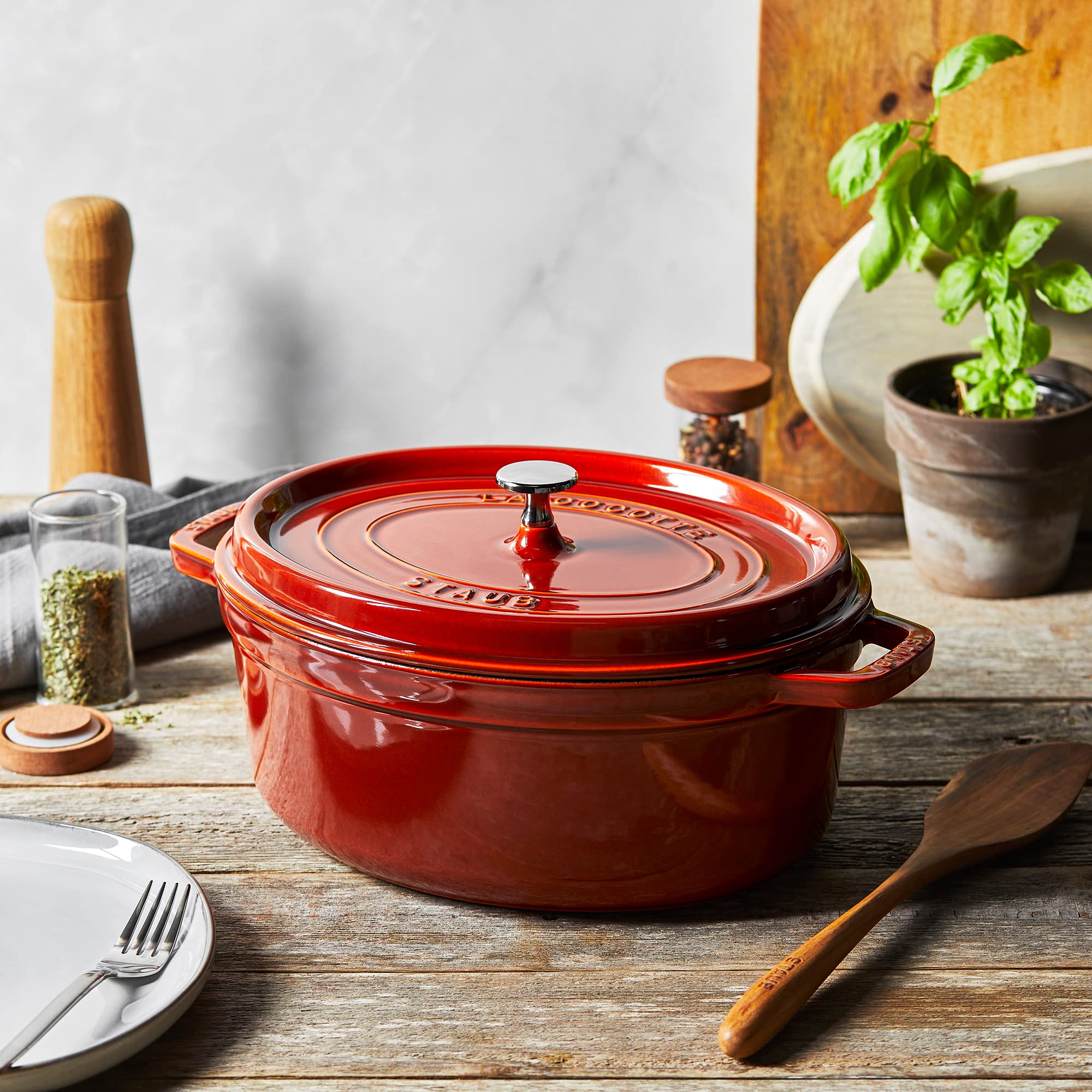 Staub Cast Iron Oval Cocotte, Dutch Oven, 5.75-quart, serves 5-6, Made in France, Burnt Orange
