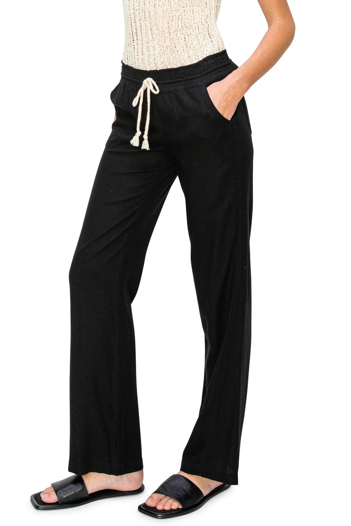 Cali1850 Women's Casual Linen Pants 32" Inseam Oceanside Drawstring Smocked Waist Lounge Beach Pants with Pockets Black 2XL