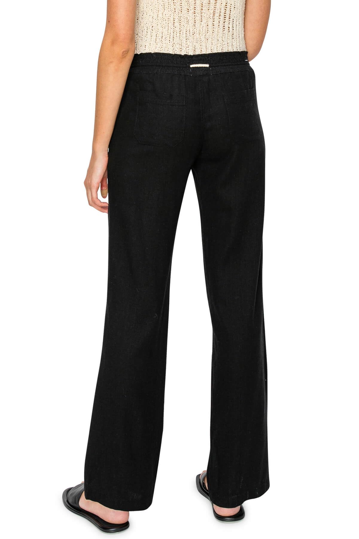 Cali1850 Women's Casual Linen Pants 32" Inseam Oceanside Drawstring Smocked Waist Lounge Beach Pants with Pockets Black 2XL