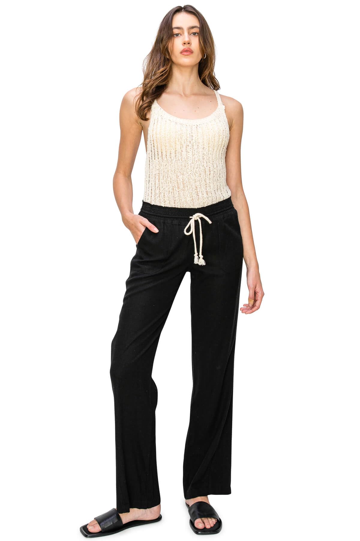 Cali1850 Women's Casual Linen Pants 32" Inseam Oceanside Drawstring Smocked Waist Lounge Beach Pants with Pockets Black 2XL