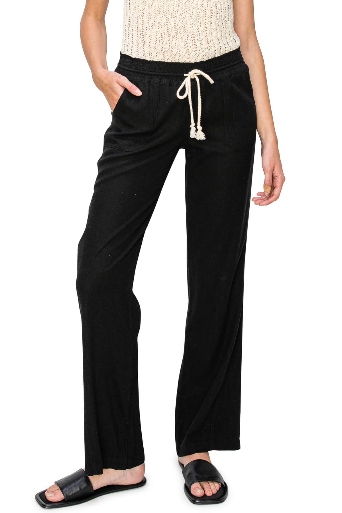 Cali1850 Women's Casual Linen Pants 32" Inseam Oceanside Drawstring Smocked Waist Lounge Beach Pants with Pockets Black 2XL