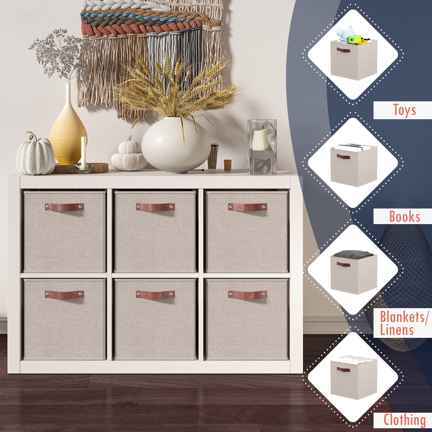 Ornavo Home 13 x 13 Storage Cube Bins, Foldable Collapsible Fabric Storage Bins Box Linen Shelf Basket Cube Organizer for Closet with Leather Handles, 6 Pack, Beige