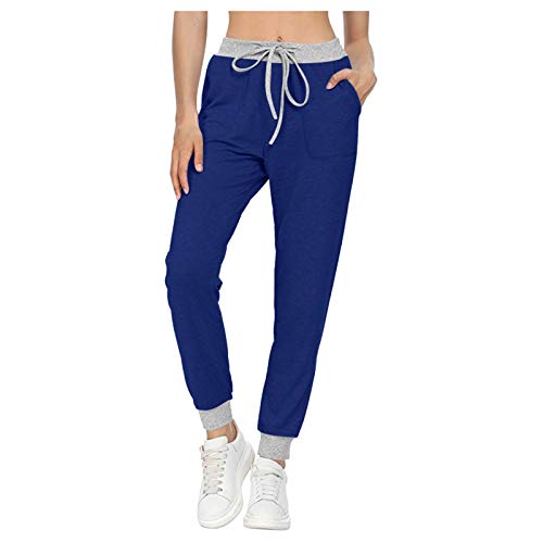 LAWOR Sweatpants for Women High Waist Elastic Waistband Pockets Solid Color Comfy Sports Yoga Pants Fitness Trousers (XL, Blue)