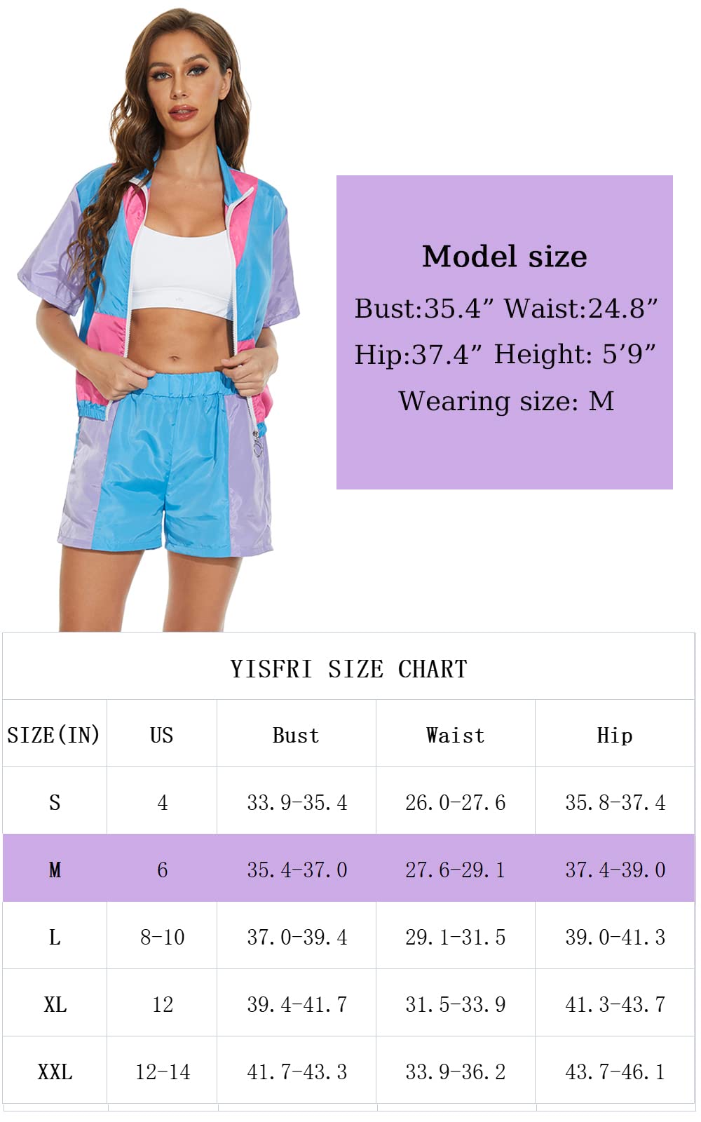 Yisfri Women's Vintage 80s 90s Style 2 Piece Outfit Short Sleeve Zip Front Windbreaker Tracksuit Themed Party Workout Set (Blue, XXXL)