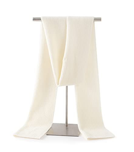 Lallier Cashmere Wool Scarf, Ultra Soft Classic Ribbed Solid Color Winter Scarf for Men and Women with Gift Box, Cream White