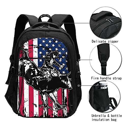 herbeier Stylish Rodeo Bull Rider American Flag Travel Backpack with USB Charging Port for Travel Business School Gifts, One Size