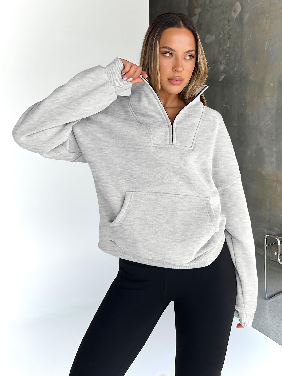 Trendy Queen Sweatshirts Quarter Half Zip Pullover Oversized Hoodies Sweaters Comfy Fall Outfits 2025 Y2K Winter Clothes Grey L