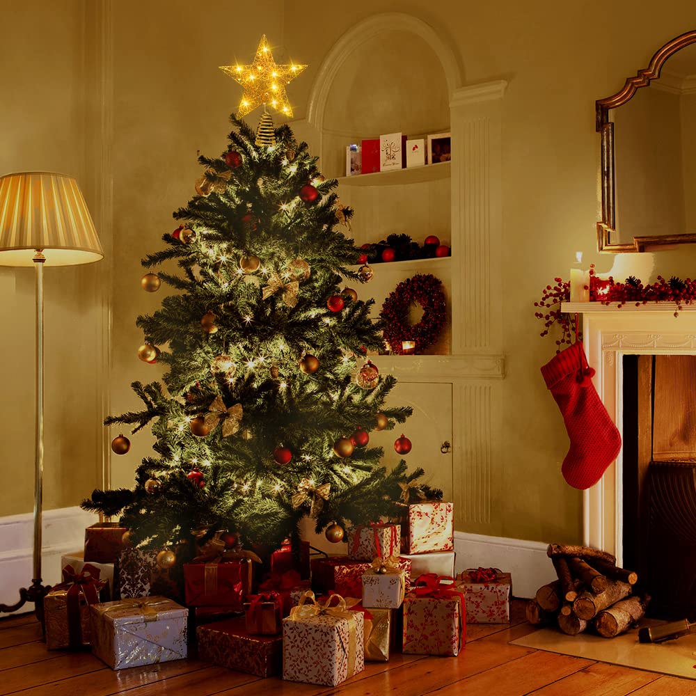 DULEFUN 11.8 Inch LED Star Tree Topper - Gold Metal Ornament with 20 Lights for Christmas Tree Decoration