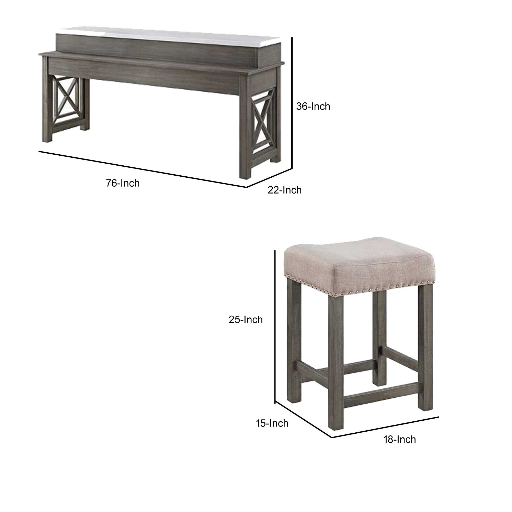 Benjara 76 Inch 4 Piece Counter Height Dining Set, Marble Table Top, Brown, Beige and Gray