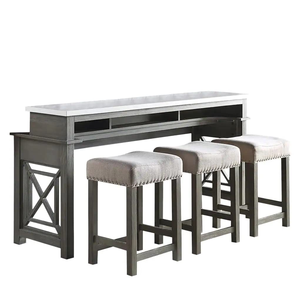 Benjara 76 Inch 4 Piece Counter Height Dining Set, Marble Table Top, Brown, Beige and Gray