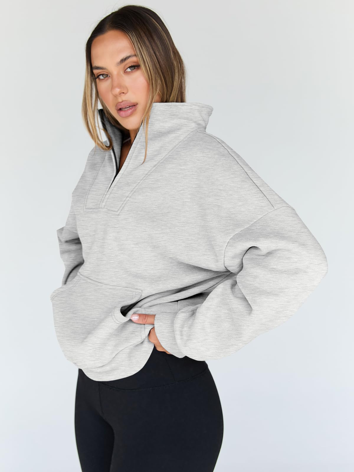 Trendy Queen Sweatshirts Quarter Half Zip Pullover Oversized Hoodies Sweaters Comfy Fall Outfits 2025 Y2K Winter Clothes Grey S