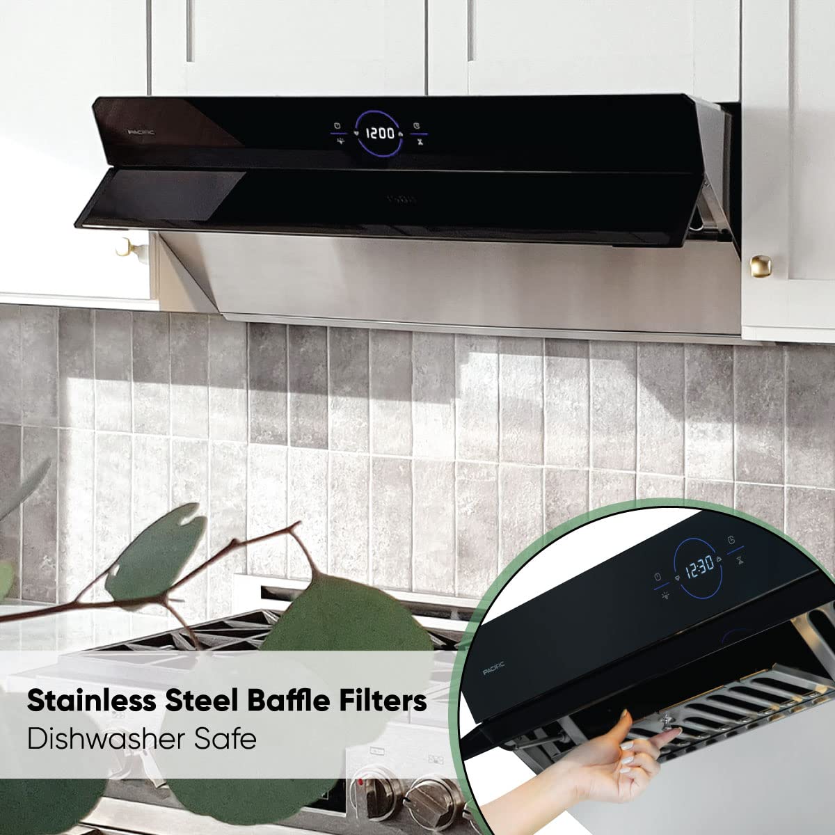 Pacific Side Suction Under Cabinet Ducted Range Hood 30 inch - 1200CFM 4-Speed Powerful Wall Mount Kitchen Vent Hood - Electric Stainless Steel, Ultra Quiet, Touch Control, LED Lights PQ6830AB