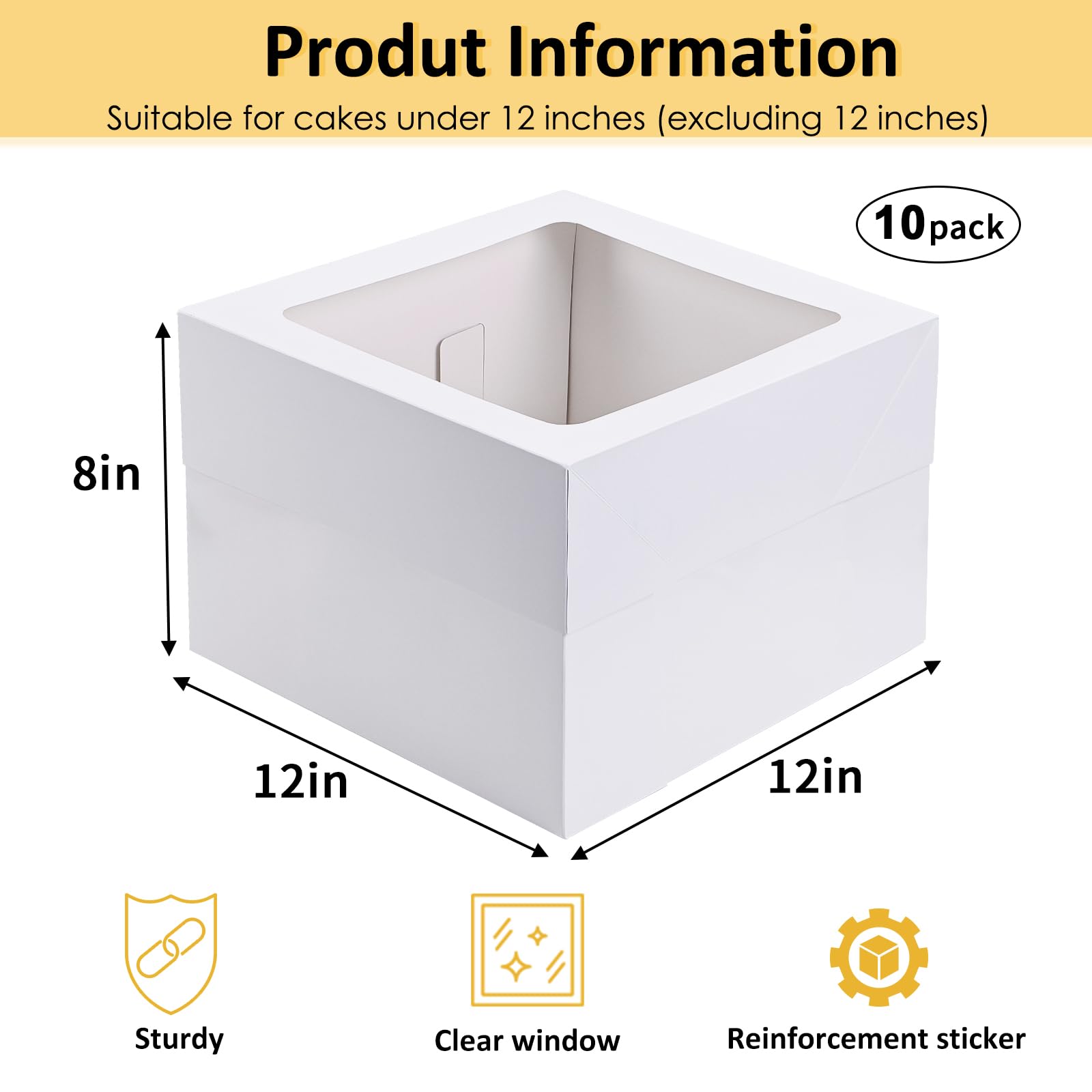 Moretoes 10pcs Cake Boxes 12x12x8 Inch White Bakery Boxes with Window Tall Dessert Cardboard Boxes for Cakes Cupcakes Pies Donuts Cookies Boxes, for Valentine's Day Mother's Day