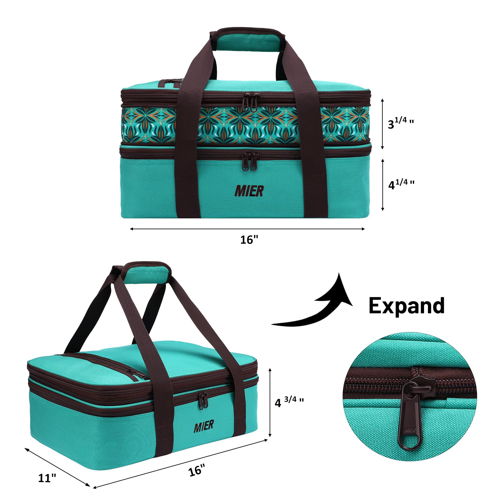 MIER Insulated Double Casserole Carrier Bag Thermal Lunch Tote for Lasagna Lugger, Potluck Parties, Picnic, Beach, Fits 9 x 13 Inches Baking Dish, Casserole Dish, Expandable by Mid Zipper, Teal