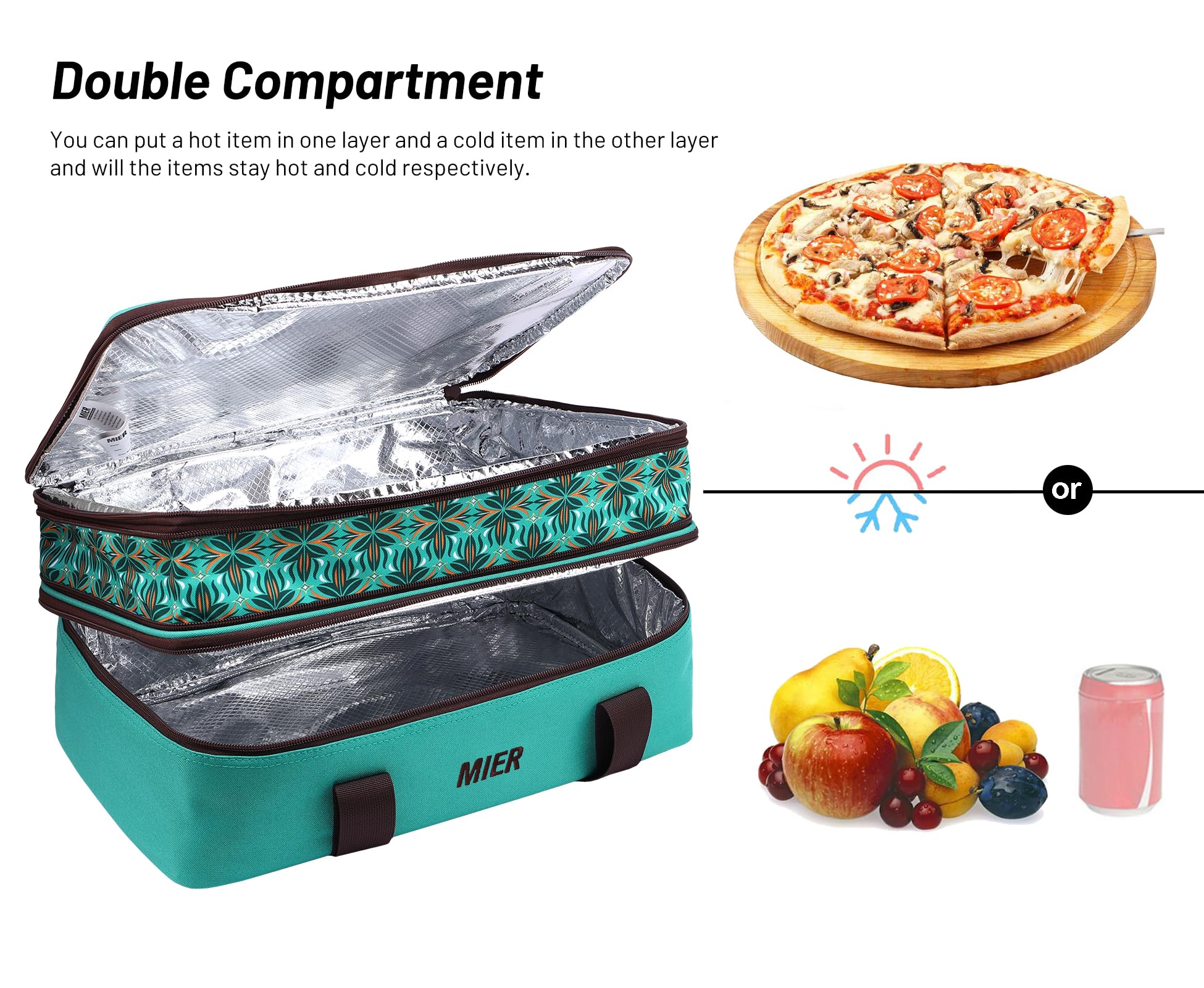 MIER Insulated Double Casserole Carrier Bag Thermal Lunch Tote for Lasagna Lugger, Potluck Parties, Picnic, Beach, Fits 9 x 13 Inches Baking Dish, Casserole Dish, Expandable by Mid Zipper, Teal