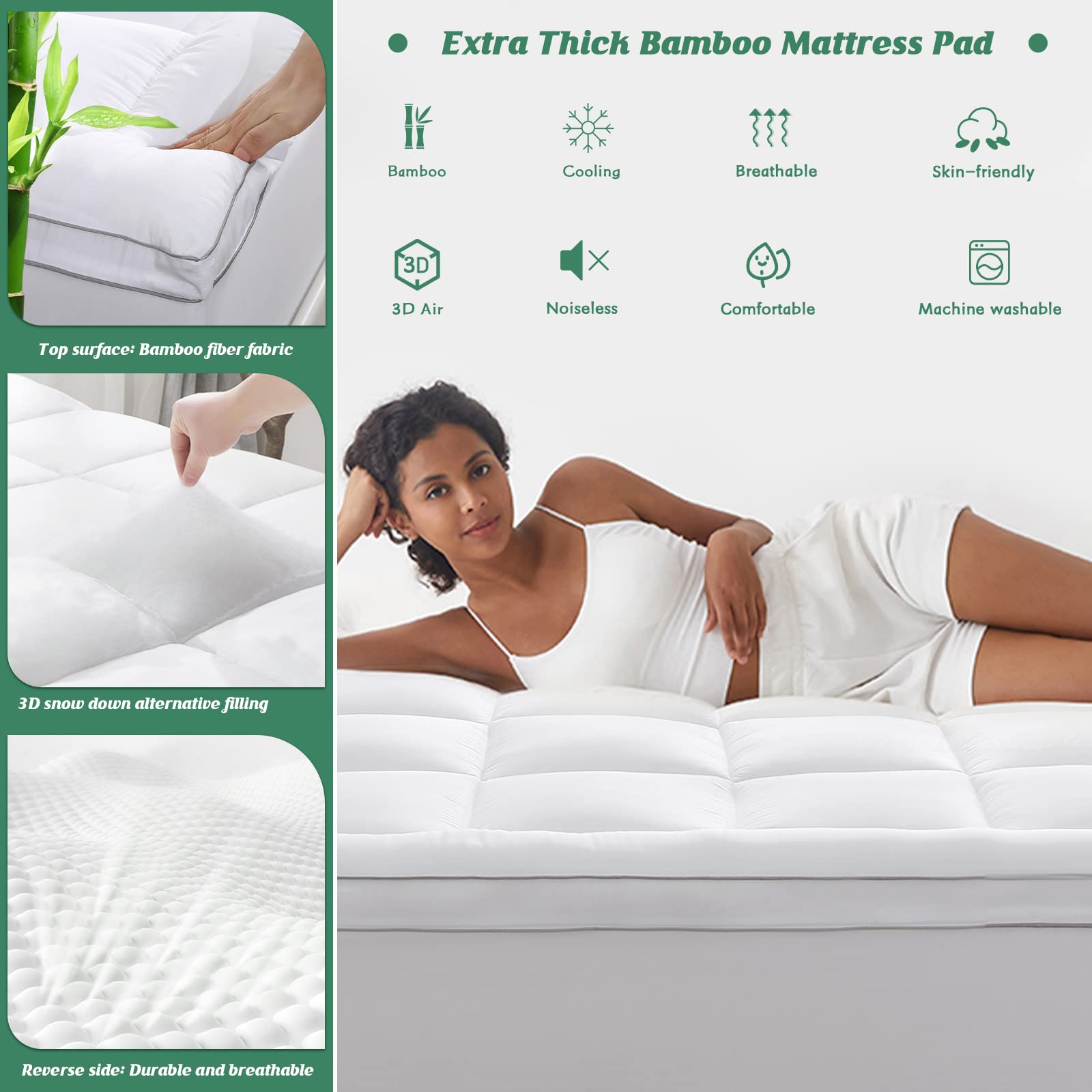 GRT Pillowtop Mattress Topper King Size, Rayon from Bamboo Mattress Cover Padded with 900gsm 3D Snow Down Alternative Filling, Extra Thick Mattress Pad King for Back Pain