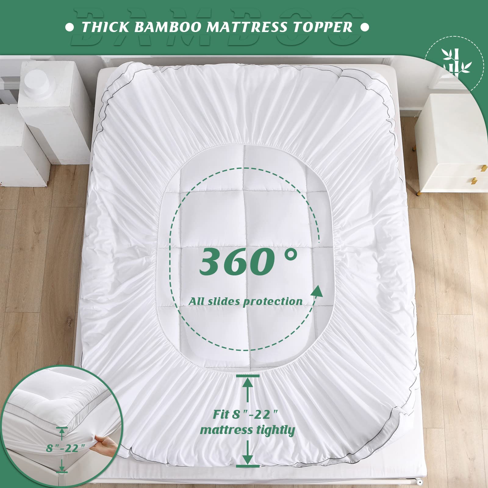 GRT Pillowtop Mattress Topper King Size, Rayon from Bamboo Mattress Cover Padded with 900gsm 3D Snow Down Alternative Filling, Extra Thick Mattress Pad King for Back Pain