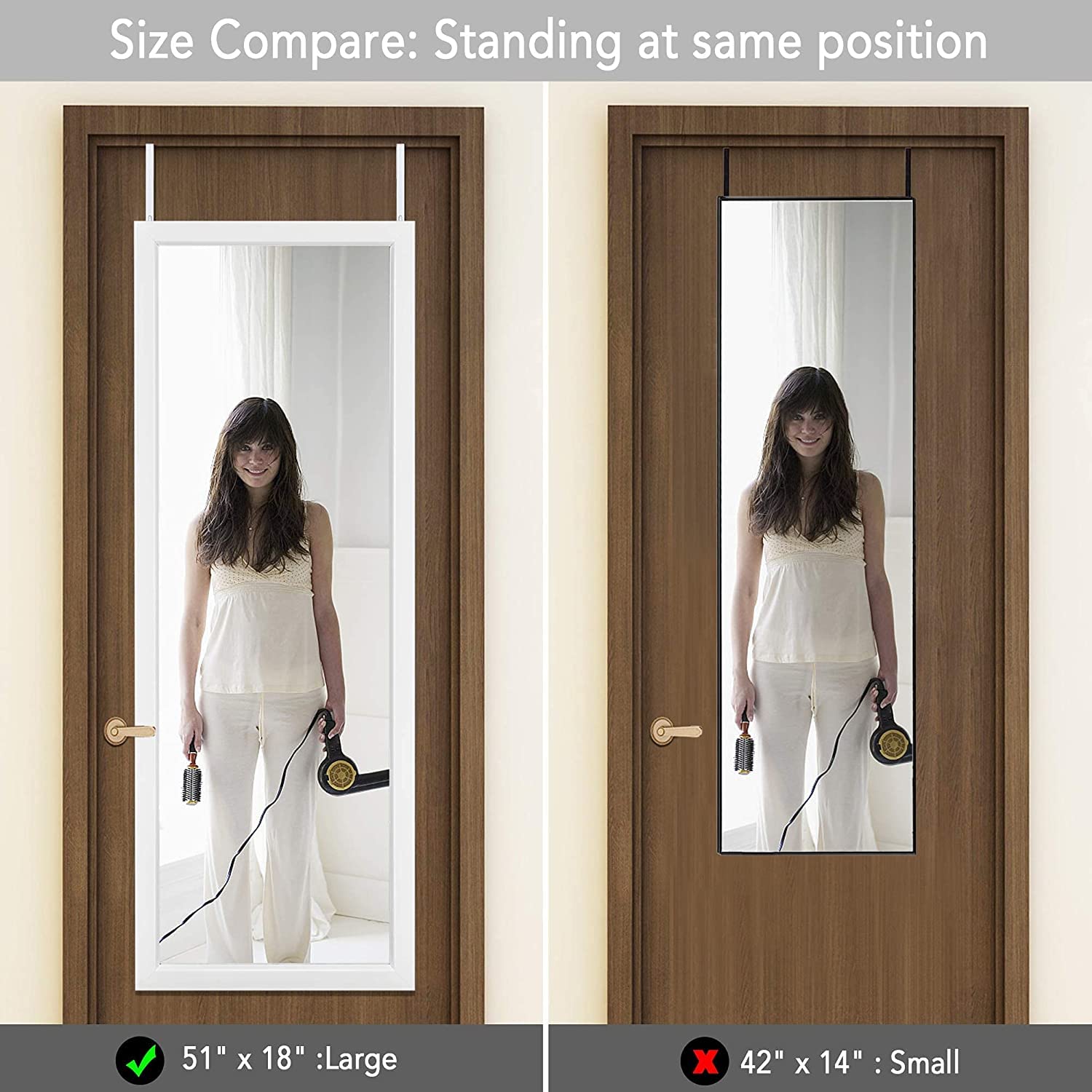 PexFix Door Mirror Full Length 51"x18" Over The Door Rectangle Sleek White Frame Space Saving Floor Mirror Dressing Hanging Wall Mounted Mirror (US-MHJ002-WH+USAM019)